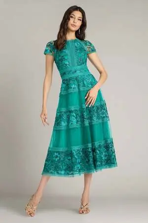 Tadashi Shoji Mollie Floral Embroidered Tulle Midi Dress - Emerald