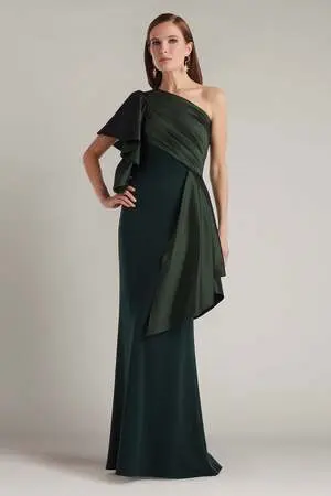 Tadashi Shoji Santa Fe Draped Flounce Gown - Dark Forest