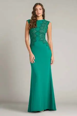 Tadashi Shoji Embroidered Crepe Gown - Emerald