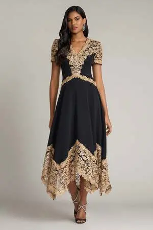 Tadashi Shoji Neneh Embroidered Handkerchief Hem Midi Dress - Copper Shadow/black