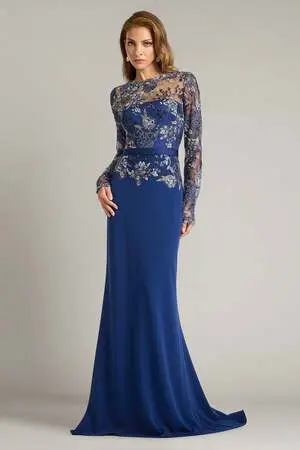 Tadashi Shoji Beacon Belted Embroidered Illusion Gown - Midnight
