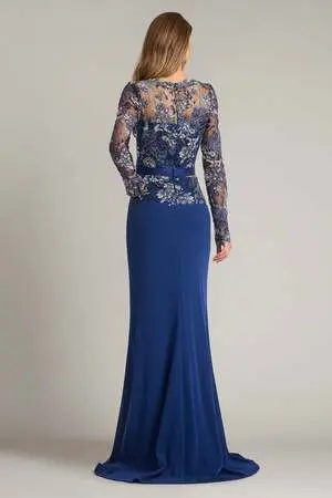 Tadashi Shoji Beacon Belted Embroidered Illusion Gown - Midnight