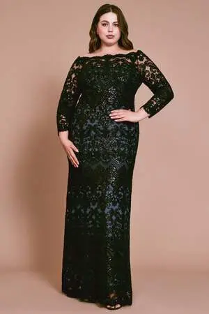 Tadashi Shoji Long-sleeve Sequin Embroidered Gown - Black/navy