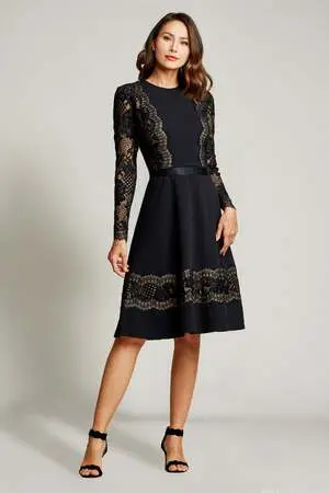 Tadashi Shoji Kimono Inspired Lace Dress - Black/nude