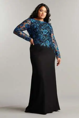 Tadashi Shoji Embroidered Crepe Gown With Sheer Sleeves - Lapis/black