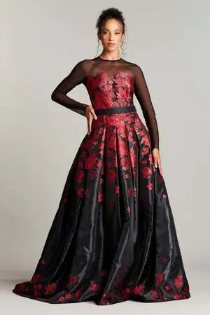 Tadashi Shoji Beyza Organza Jacquard Gown - Ruby Red/black