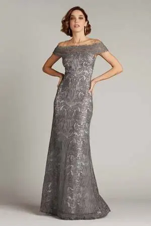 Tadashi Shoji Jarek Embroidered Off-shoulder Gown - Mist