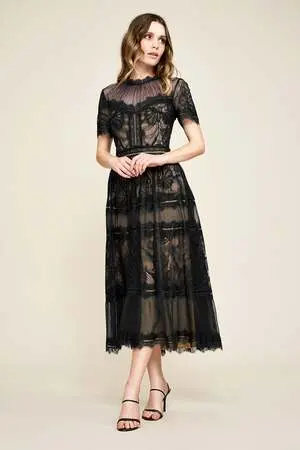 Tadashi Shoji Lace Tea-length Dress With Detachable Lining - Black/nude