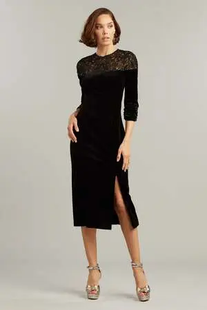 Tadashi Shoji Wallace Beaded Illusion Velvet Dress - Black/nude