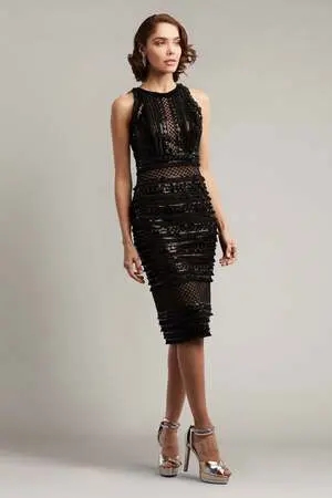 Tadashi Shoji Norma Sequin Fringe Dress - Black/nude