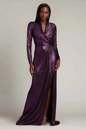 Tadashi Shoji Vienna Draped Metallic Lamé Gown - Violet