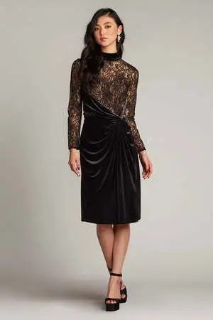 Tadashi Shoji Black Velvet And Lace Mock Neck Long Sleeve Dress - Black/nude
