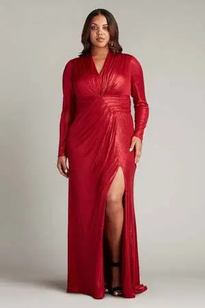 Tadashi Shoji Imanie Draped Lamé Gown Plus Size - Deep Red
