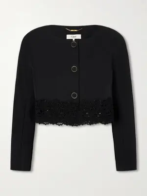 Chloé Lace-embroidered Cropped Wool Jacket - Black