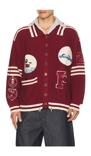 FOUND Varsity Patch Collared Cardigan In Red - Deep Red
