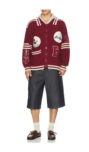 FOUND Varsity Patch Collared Cardigan - Red
