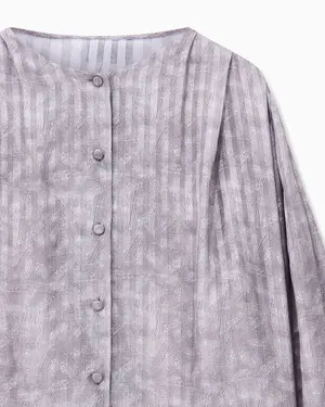 Giorgio Armani Blouse Collarless Printed Silk Shoulder Pleats Wide Stripes
