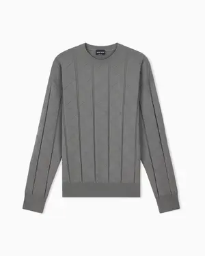 Giorgio Armani Regular Fit Virgin Wool Chevron Knit Sweater - Grey