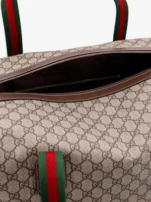 Gucci Gg Supreme Fabric And Leather Travel Bag With Web Detail - Beige