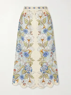 Farm Rio Garden Scarf Scalloped Printed Linen Midi Skirt - Blue