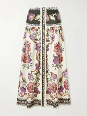Farm Rio Rococo Flowers Lace-trimmed Printed Cotton-blend Midi Skirt