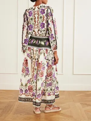 Farm Rio Rococo Flowers Lace-trimmed Printed Cotton-blend Midi Skirt