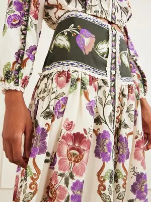 Farm Rio Rococo Flowers Lace-trimmed Printed Cotton-blend Midi Skirt