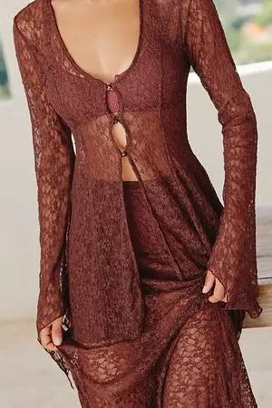 CELANDINE Lace Button-front Top - Chocolate