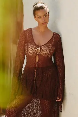 CELANDINE Lace Button-front Top - Chocolate