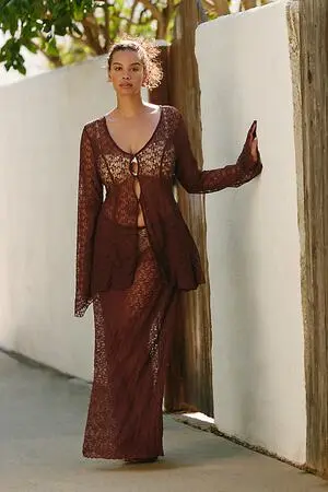 CELANDINE Lace Button-front Top - Chocolate