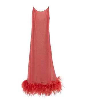 Oseree Feather Trimmed Maxi Dress - Red