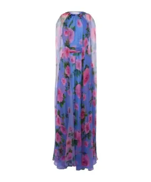 Carolina Herrera Floral Cape Halterneck Silk Gown - Blue