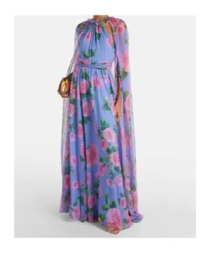 Carolina Herrera Floral Cape Halterneck Silk Gown