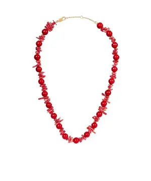 Celine Té Beads Necklace In Coral, Calcite, Varnish And Brass With Gold Finish - Red
