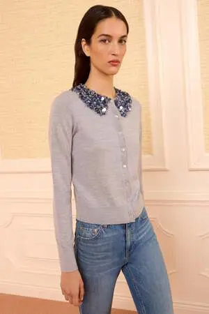 Ulla Johnson Embellished Merino Wool Cardigan With Sequined Collar - Ash