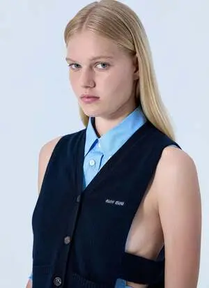 Miu Miu V-neck Logo Knit Vest With Side Ties - Blue