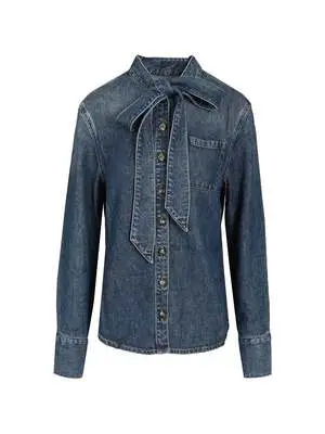 SELF-PORTRAIT Lyocell Bow Neck Shirt - Blue