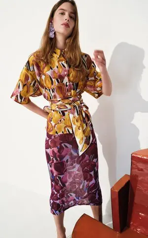 Carolina Herrera Collared Iris Print Silk Gazar Shirt
