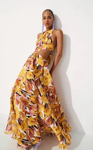 Carolina Herrera Cutout Iris Print Silk Gazar Tea-length Dress