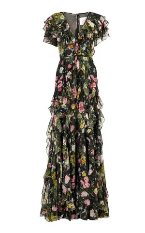 Carolina Herrera Ruffled Meadow Floral Crinkle Gown - Black