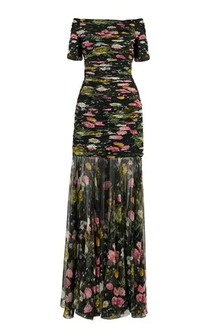 Carolina Herrera Gathered Meadow Floral Crinkle Gown