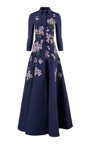 Carolina Herrera Embroidered Silk Faille Gown - Blue