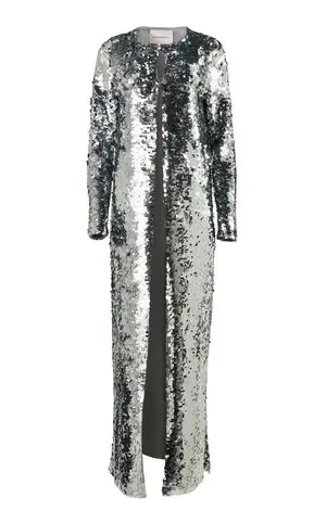 Carolina Herrera Embellished Signature Merino Sequin Coat - Silver
