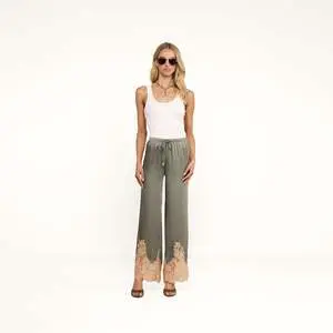 L'Agence Mirel Satin Wide Leg Pants With Lace Trim - Smokey Olive/praline