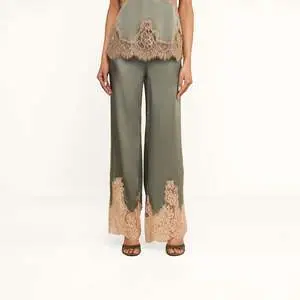 L'Agence Mirel Satin Wide Leg Pants With Lace Trim - Smokey Olive/praline