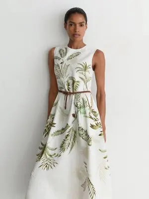 REISS Palma Linen Palm-print Midi Dress - Ivory/khaki