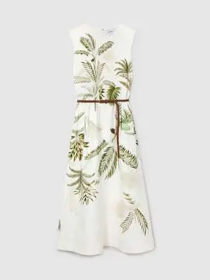 REISS Palma Linen Palm-print Midi Dress