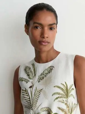REISS Palma Linen Palm-print Midi Dress