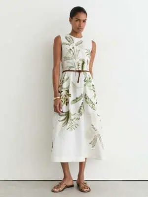 REISS Palma Linen Palm-print Midi Dress