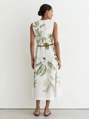 REISS Palma Linen Palm-print Midi Dress